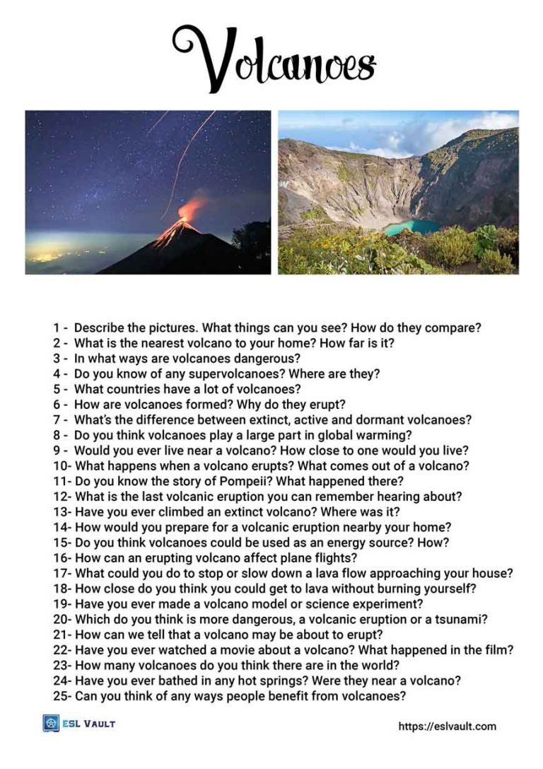 25 volcano questions worksheet for discussion - ESL Vault