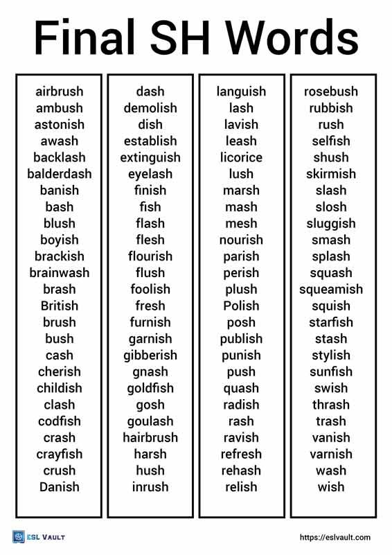 Free SH Words Lists And 48 Picture Cards ESL Vault