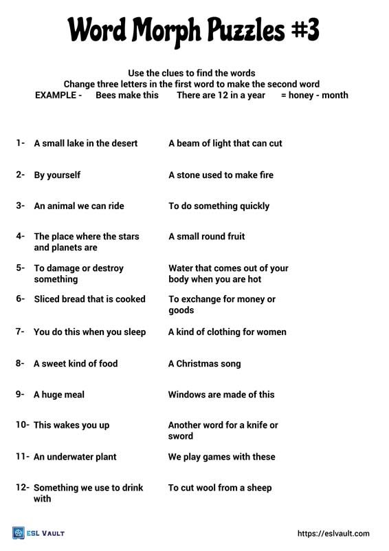 72 Free printable word morph puzzles (PDF) - ESL Vault