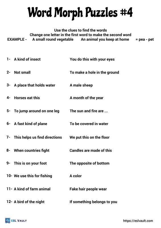 72 Free printable word morph puzzles (PDF) - ESL Vault