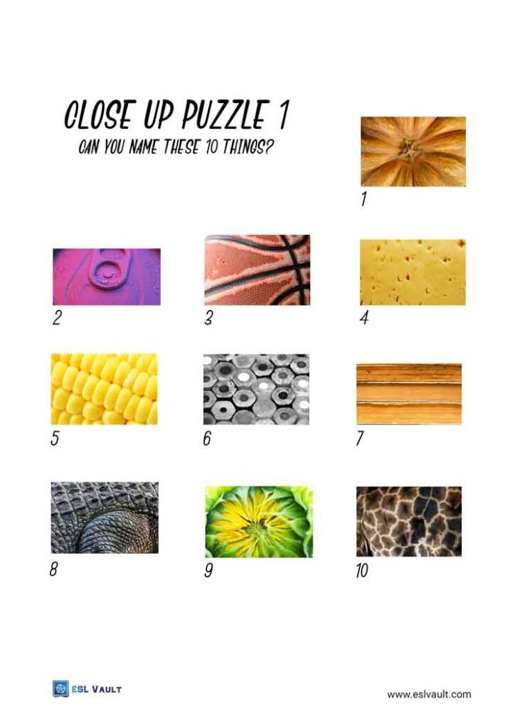 8 close up picture quiz printables - ESL Vault