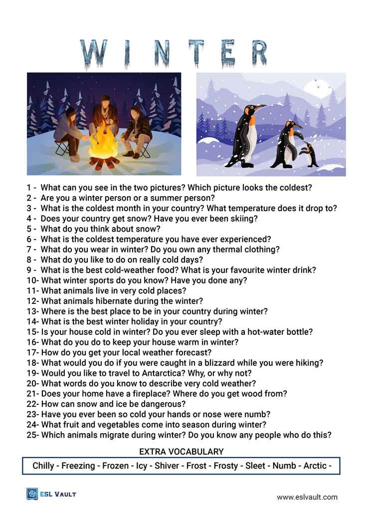 25 winter conversation questions - ESL Vault 25 winter conversation questions - ESL Vault