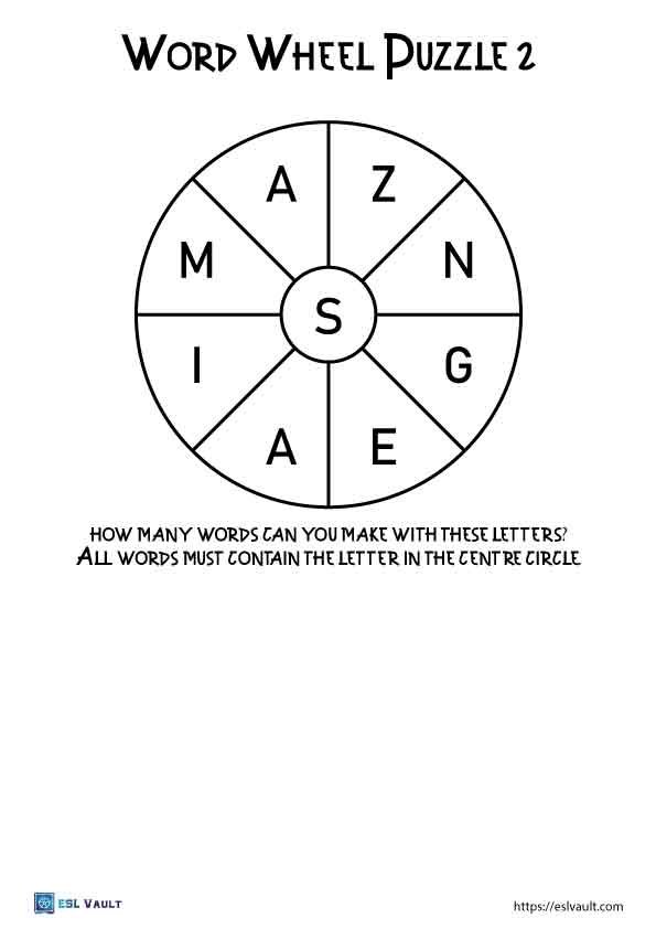 17 free word wheel puzzle printables - ESL Vault