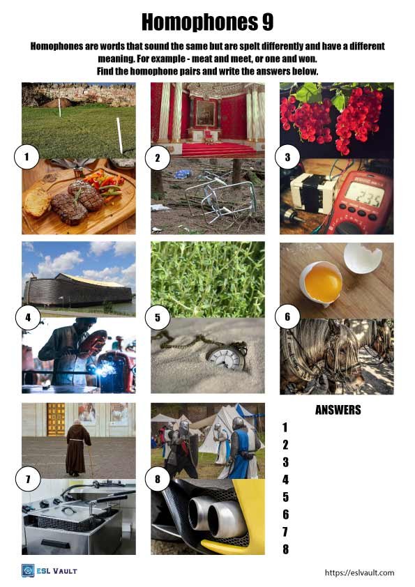 11 free homophones worksheets - ESL Vault