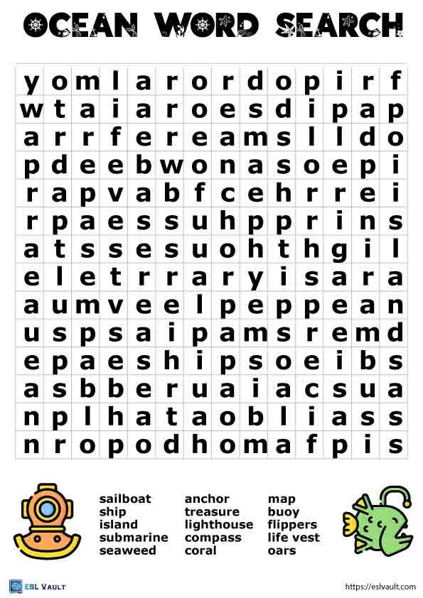 3 free printable ocean word search puzzles - ESL Vault