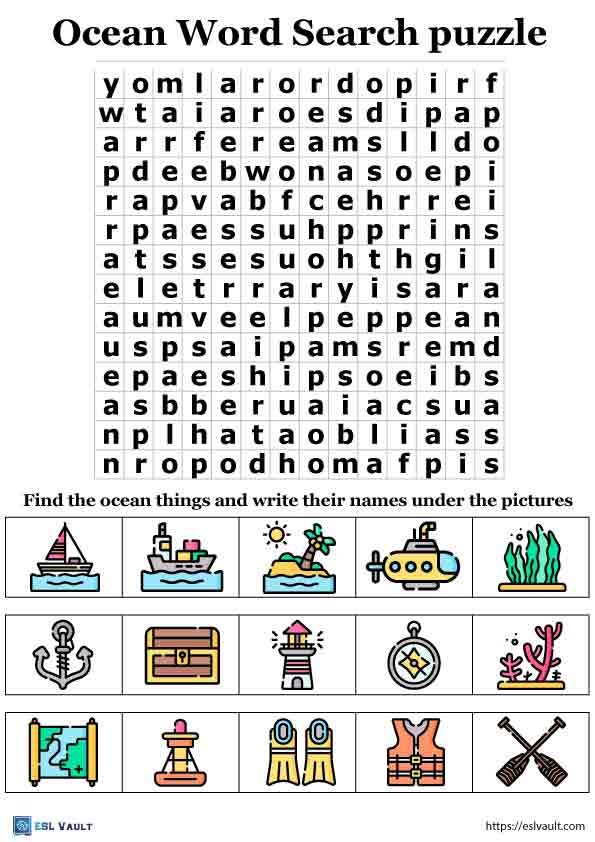 3 free printable ocean word search puzzles - ESL Vault