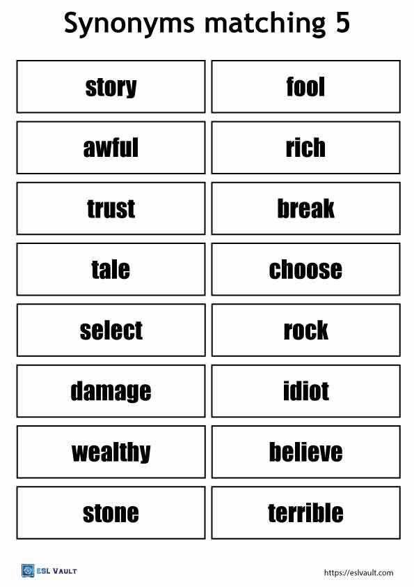 6 free synonym matching game printables - ESL Vault
